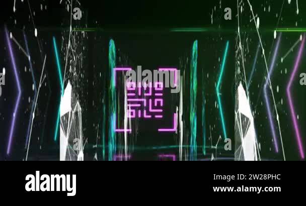 Animation of glowing pink QR code with neon elements and network of ...