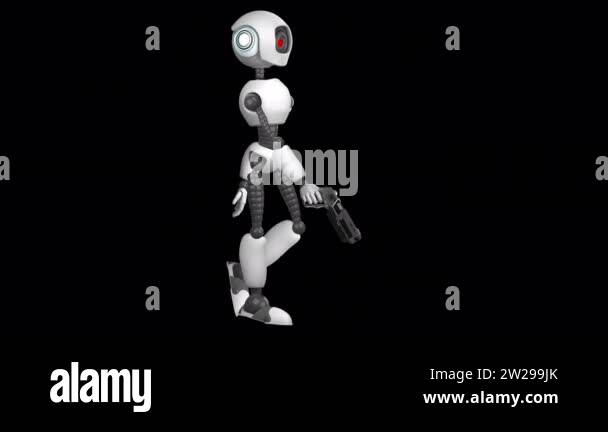 A humanoid aggressive robot with a weapon in his hands goes and shoots ...