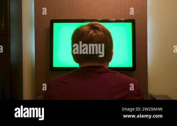 Back view of a young man sitting on a couch, watching big flat screen ...