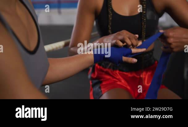 Side view close up of a mixed race female boxer with short curly hair ...