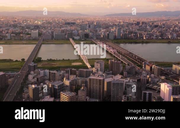 OSAKA, JAPAN - OCTOBER 15, 2019: The view of megapolis and Yodo River ...