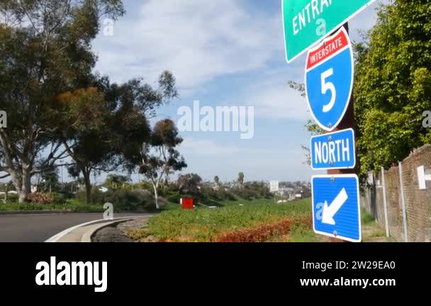 Freeway entrance, information sign on crossraod in USA. Route to Los ...