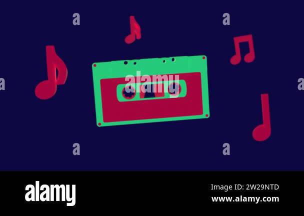 3D animation - Colorful retro cassette and music notes with cartoon ...