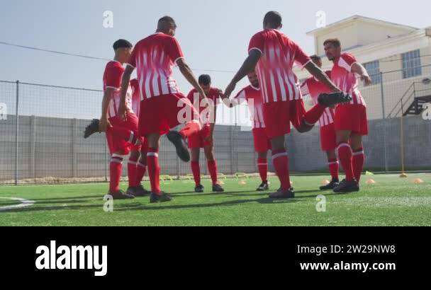 Rear view of a multi-ethnic group of male football players wearing a ...