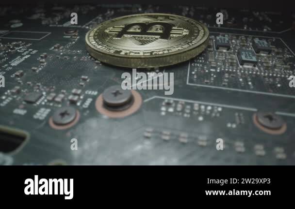Bit Coin Circuit Board. Wide macro lens, extreme close up (ECU) over a ...