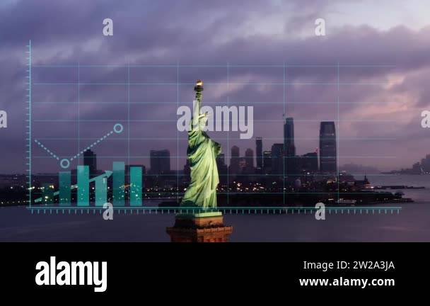 Financial charts and data. Stock exchange figures on a dusk, NYC city ...