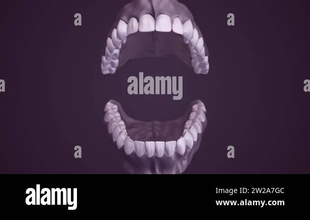 Medical background with animation of opening human jaw with teeth and ...