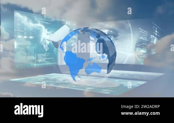 Animation of globe spinning over screens with human eye, CCTV camera ...