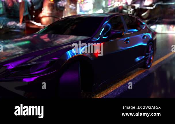 Modern car on a city street at night, computer generated. Cyberpunk ...