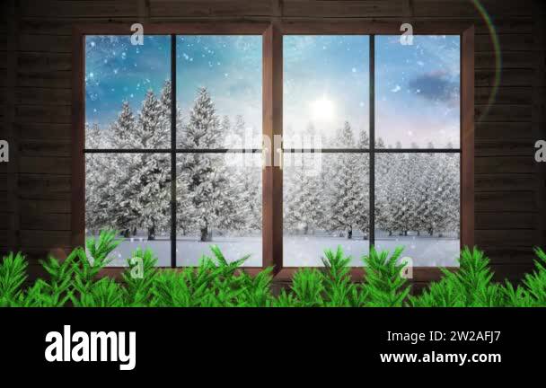 Digital animation of green branches and wooden window frame against ...