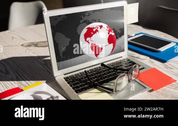 Animation of the news screen with red and white globe spinning ...