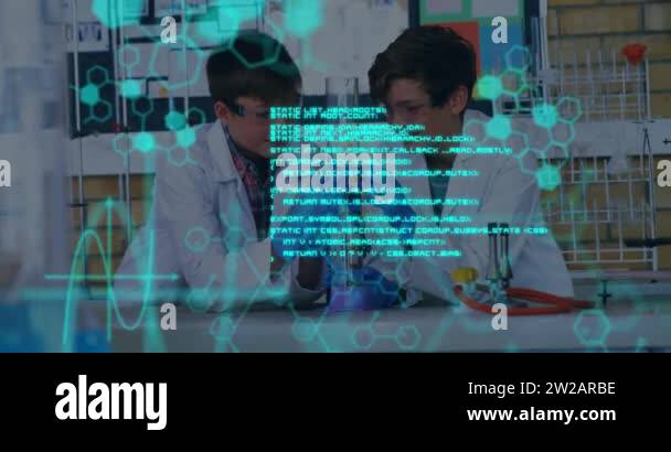 Animation of glowing scientific data processing over two male students ...