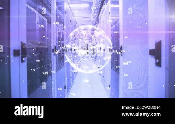 Animation of globe spinning, data processing and digital information flowing through network of ...