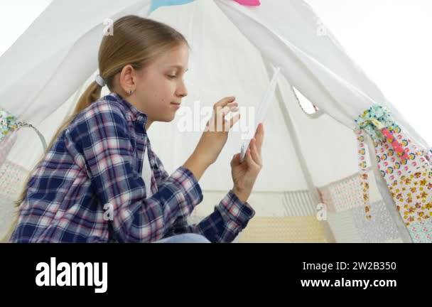 Kid Playing Tablet in Playroom, Child Writing Homework for School ...