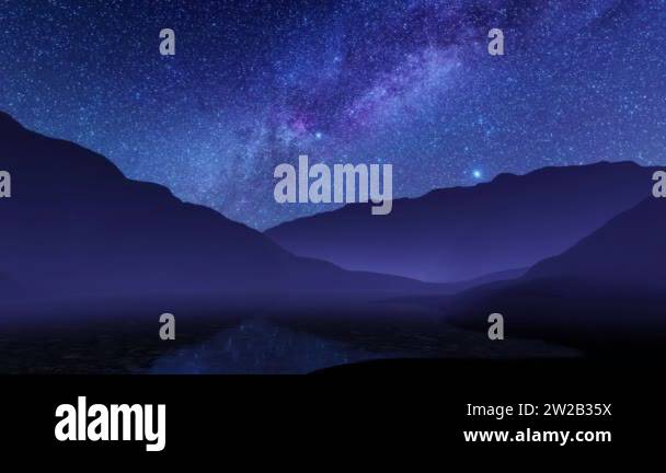 Starry night sky with Milky Way galaxy over calm mountain lake with ...