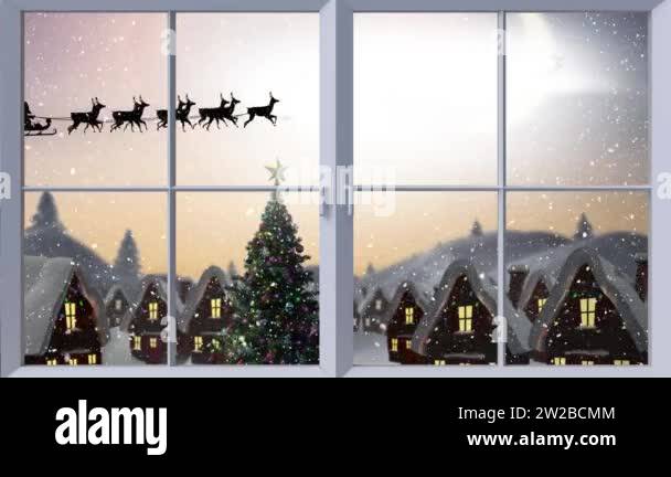 Digital animation of wooden window frame against snow falling on ...