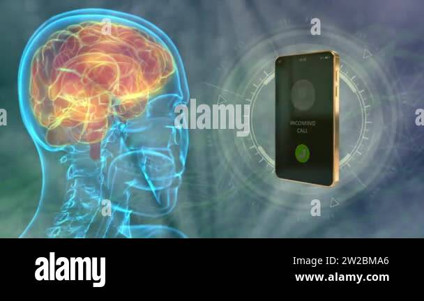 x-ray human head moving with ringing incoming call phone, brain danger ...