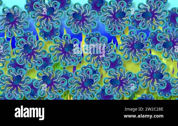 Abstract animated film with sea animals swimming horizontally with ...