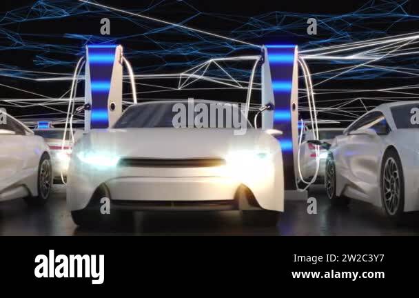 Charging electric vehicles in the parking lot. Neon rays create a ...