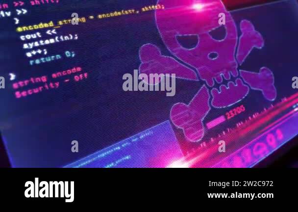 Cyber Attack Red Alert With Skull Symbol On Computer Screen With Glitch Effect Hacking Breach