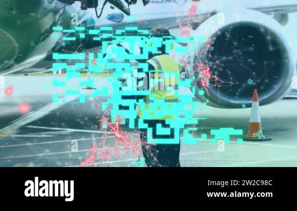 Animation of blue QR code with a floating red web of connections over an airport worker standing ...