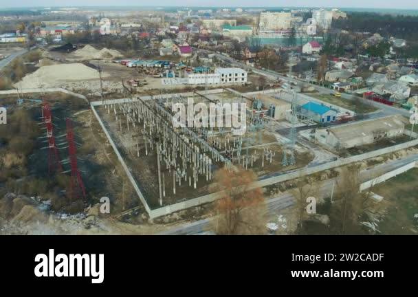 Power plant from bird's eye view. Transformation station, aerial view ...