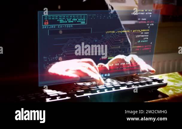 Hacker Breaks Into The Computer Network Camera Moves Around Hud Display And Man Typing Keyboard