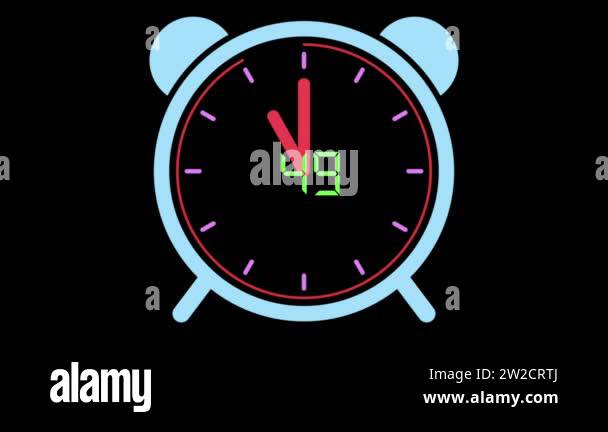 60 Second Countdown Timer Digital With Animated Alarm Clock. Black Background - 4K Ultra ...