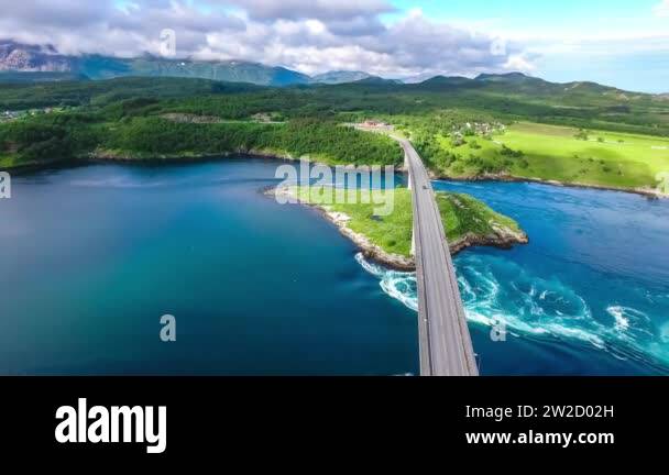 Whirlpools of the maelstrom of Saltstraumen, Nordland, Norway aerial ...
