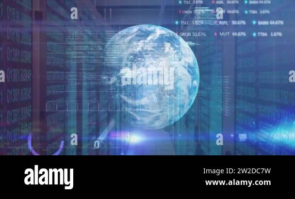 Animation of data and graphs floating with a globe spinning over a room made of screens showing ...
