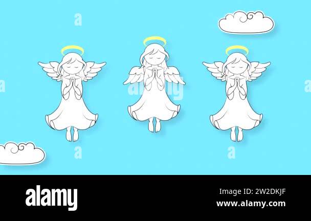 Three angels with wings and a halo fly in the sky with clouds. Looping ...