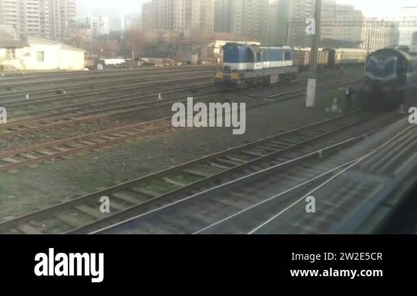 Railway liner close-up from a window of a passenger train. Railway ...