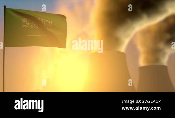 Saudi Arabia flag wave on smoking factory pipes background on sunset ...