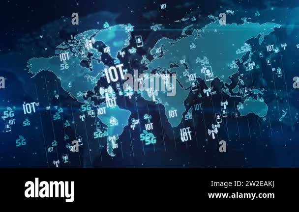 5g Mobile Communications Iot And Digital Wireless Network Symbols On Digital World Map Loopable