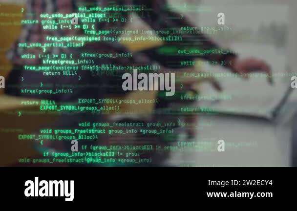 Male Programmer Types Program Code On Laptop Green Source Code Overlay Code And Information