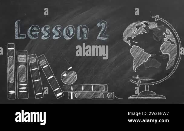 Lettering "Lesson 2", rotating globe and school books are drawn with ...