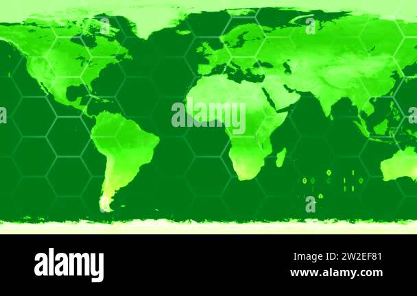 World map high tech digital satellite data view war room loop green CRT ...