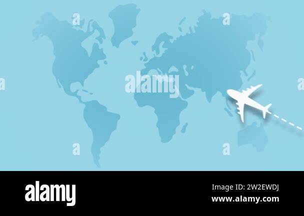 Video animation with white plane flying on the worlds map leaving a ...