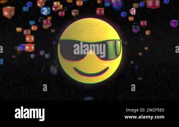 Animation of cool emoji icon with sunglasses with multiple computer ...