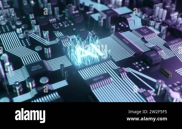Abstract artificial intelligence on a printed circuit board. Technology and engineering concept ...