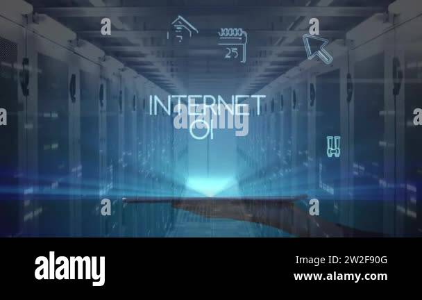 Animation of words Internet of things and digital computer icons, person holding a digital ...