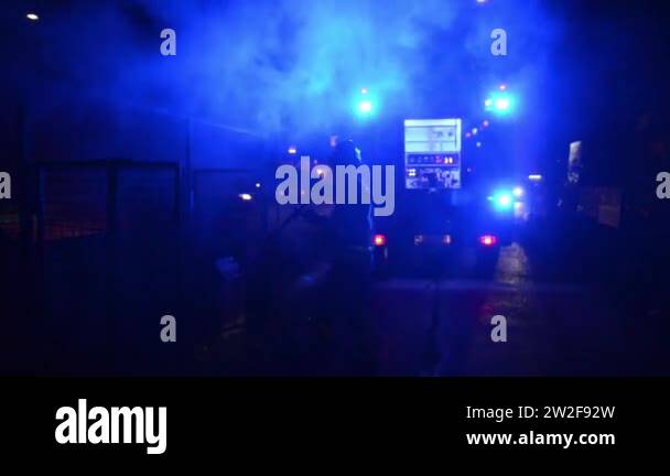 Berlin, Germany, 6th May 2019: Fire engine with flashing blue lights ...