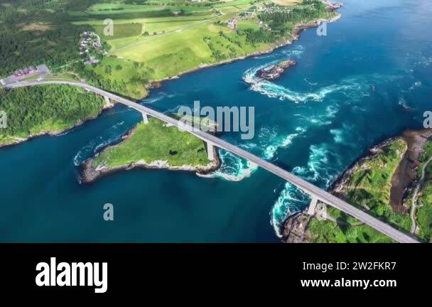 Whirlpools of the maelstrom of Saltstraumen, Nordland, Norway aerial ...