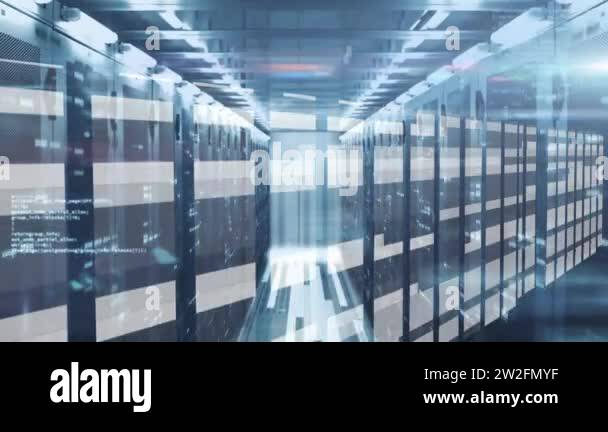 Animation of data processing and digital information flowing through network of computer servers ...