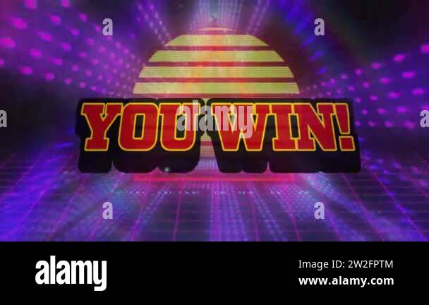 Animation of the words You Win! written in red letters over purple and ...