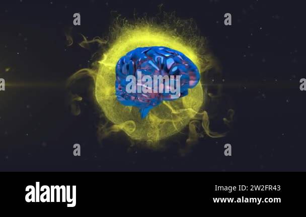 Animation of 3d human brain rotating in seamless loop over glowing yellow globe exploding with ...