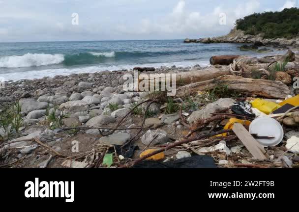 Polluted shore by the sea, Crimea, Ukraine. The global problem of ...