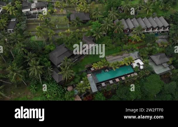 Aerial Top Down View of luxury hotel with straw roof villas and pool in tropical jungle, palm ...