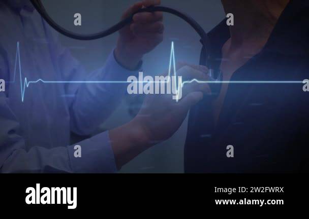 Animation of blue heart rate over a woman getting her lungs checked by ...