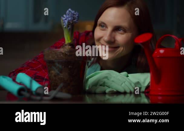 Young 30s woman in apron and gloves admiring flower in transparent pot ...